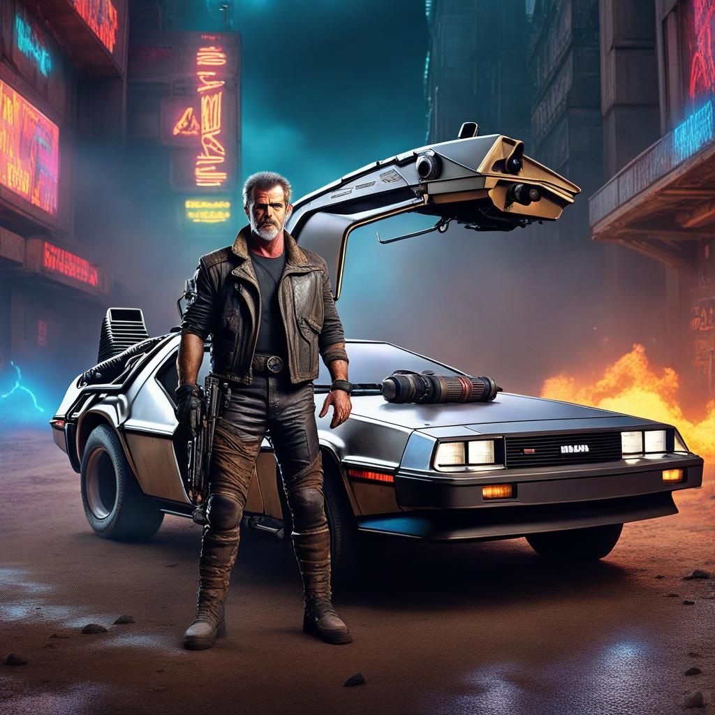 Mel Gibson as Mad Max in cyberpunk armor standing by Back to Future ...