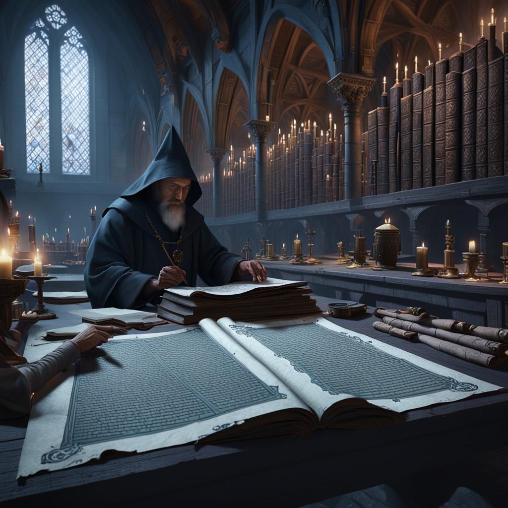 book and scroll-filled medieval scriptorium monks working detailed ...