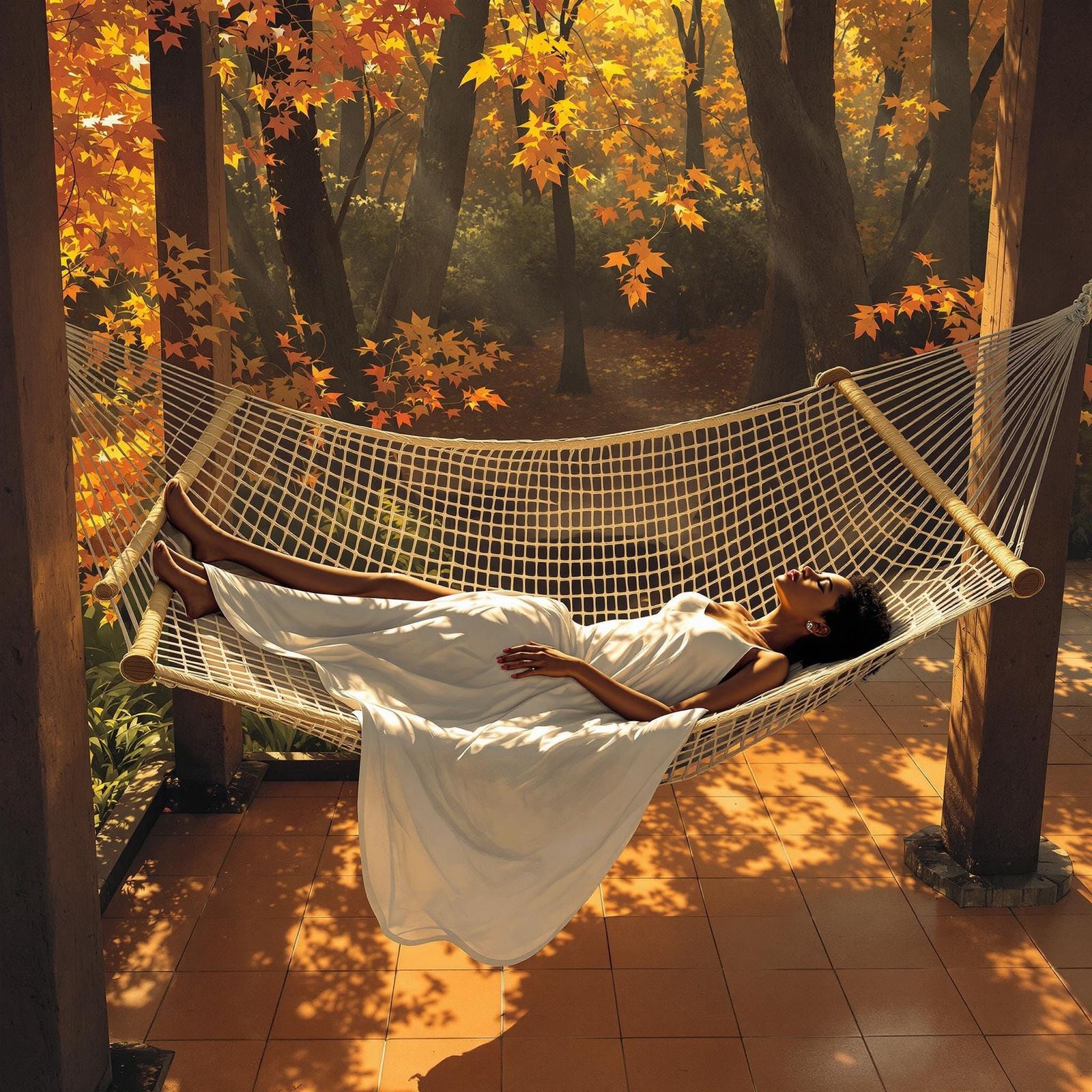 Serenely Resting Black Woman in Autumnal Hammock S... - AI Art