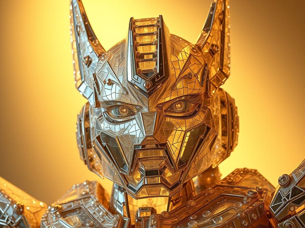 Hyperrealistic splash art, medium close-up of a transparent Transformer mosaic crafted from ...