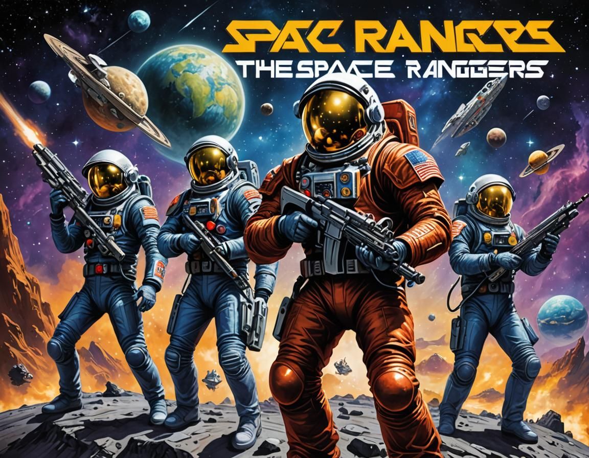 A space themed album cover for the heavy metal band the space rangers ...