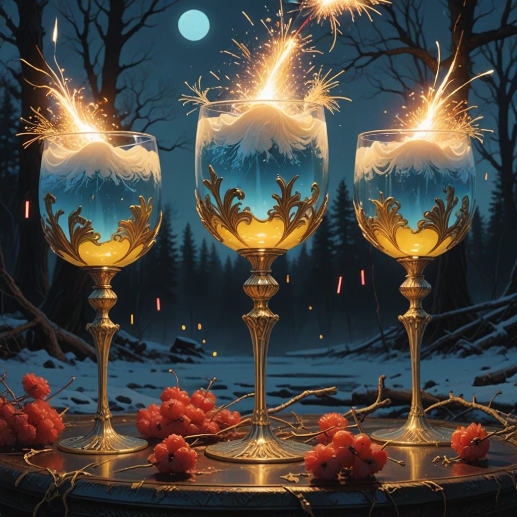 Fireworks - Golden Goblets Amidst Vibrant Fireworks in 3Del...