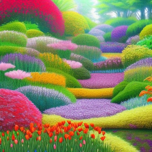 Spring garden in full bloom in stargazing platform in flowers mycelium ...