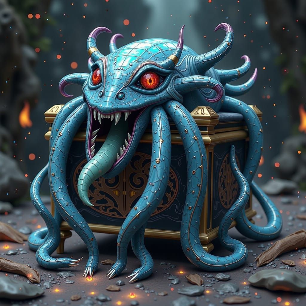 Cyberpunk Treasure Mimic, Dark Blue Tentacles, Raz... - AI Art