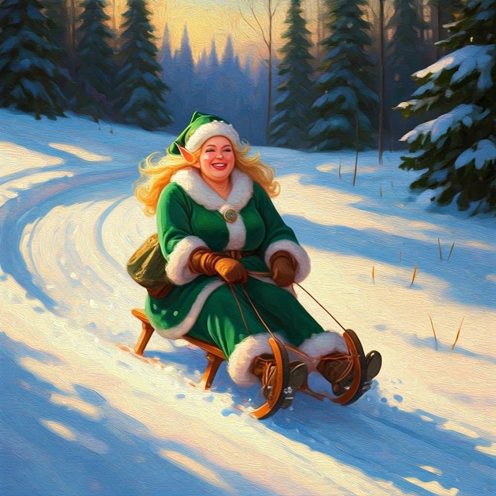 Elf on a Sled - Whimsical Winter Scene in Impressionist Styl...