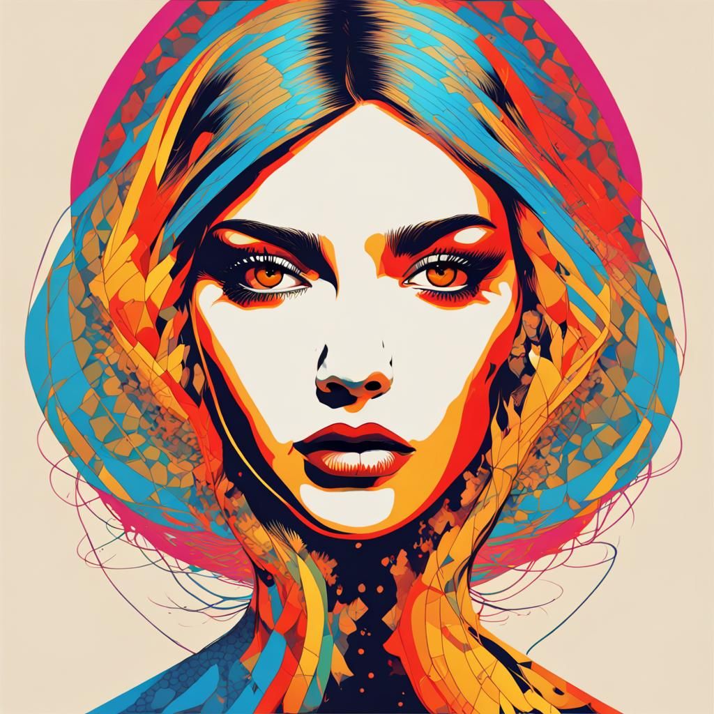a girl with hair made of pythons and fire eyes Screen print, pop art ...
