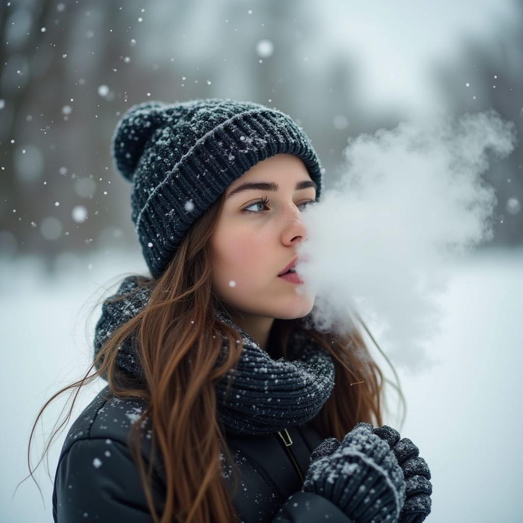BEAUTIFUL MODEL BREATHING OUT ON A SNOW SHOOT STEA... - AI Art