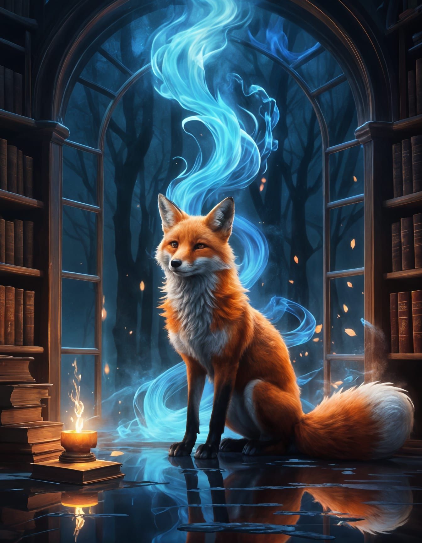 The Fox - Ethereal Fox Spirit in Midnight Library