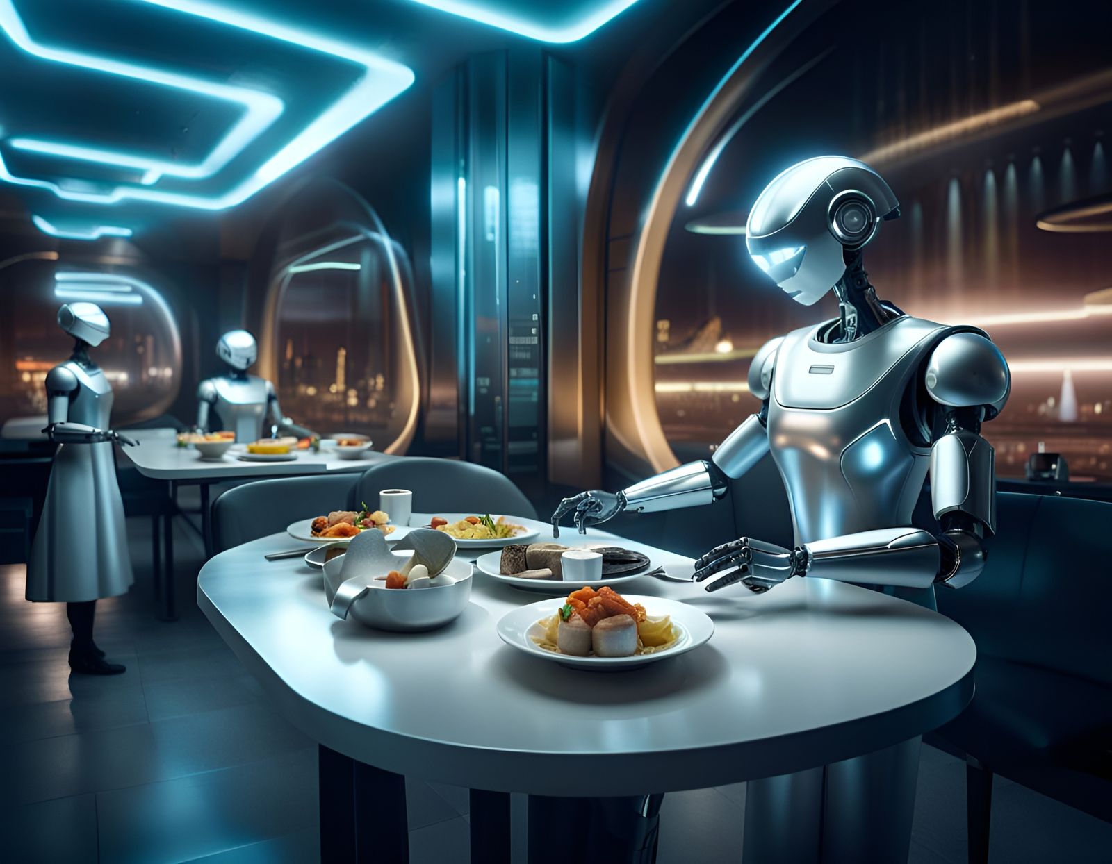 Robot Butler serving food to customers in futuristic restaurant - AI ...