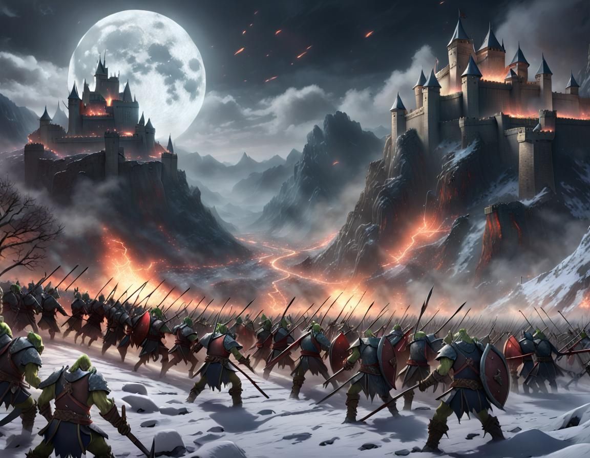 Raw photo, a blizzard , moonlit night, an Orc army battles an Elf Army ...