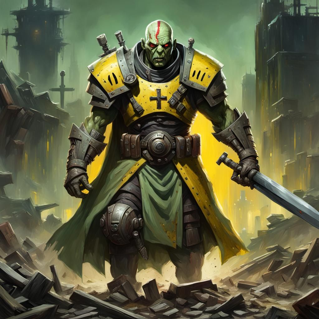 super mutant in a scrap robe, bald, pale green skin, gross yellow skin ...