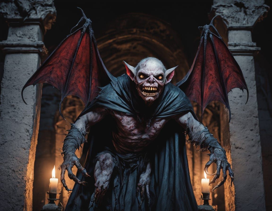 Ethereal Gothic Vampire Bat-Man in Cryptic Shadows - AI Art