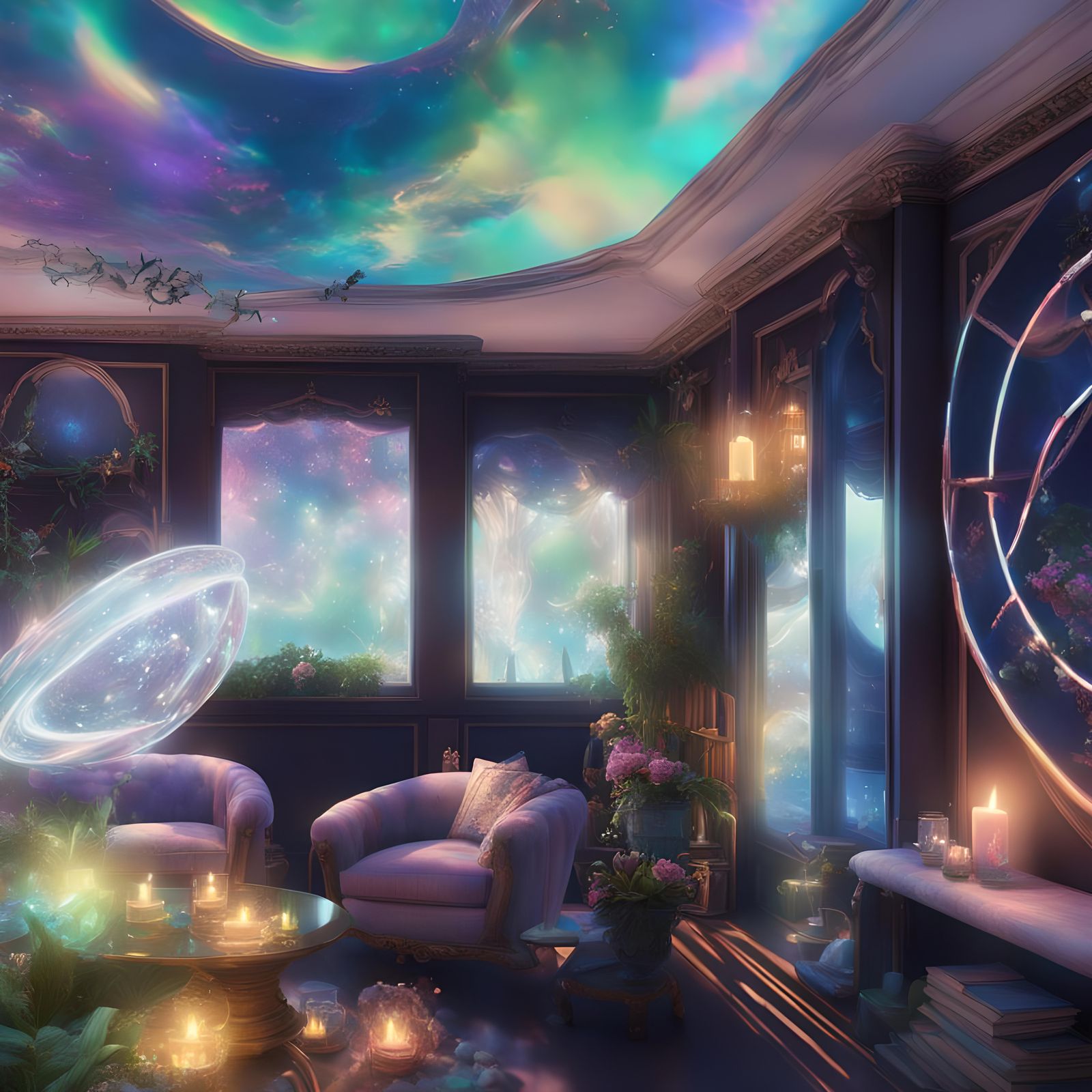 Opal living room with lots of crystals and candles and lots of ...