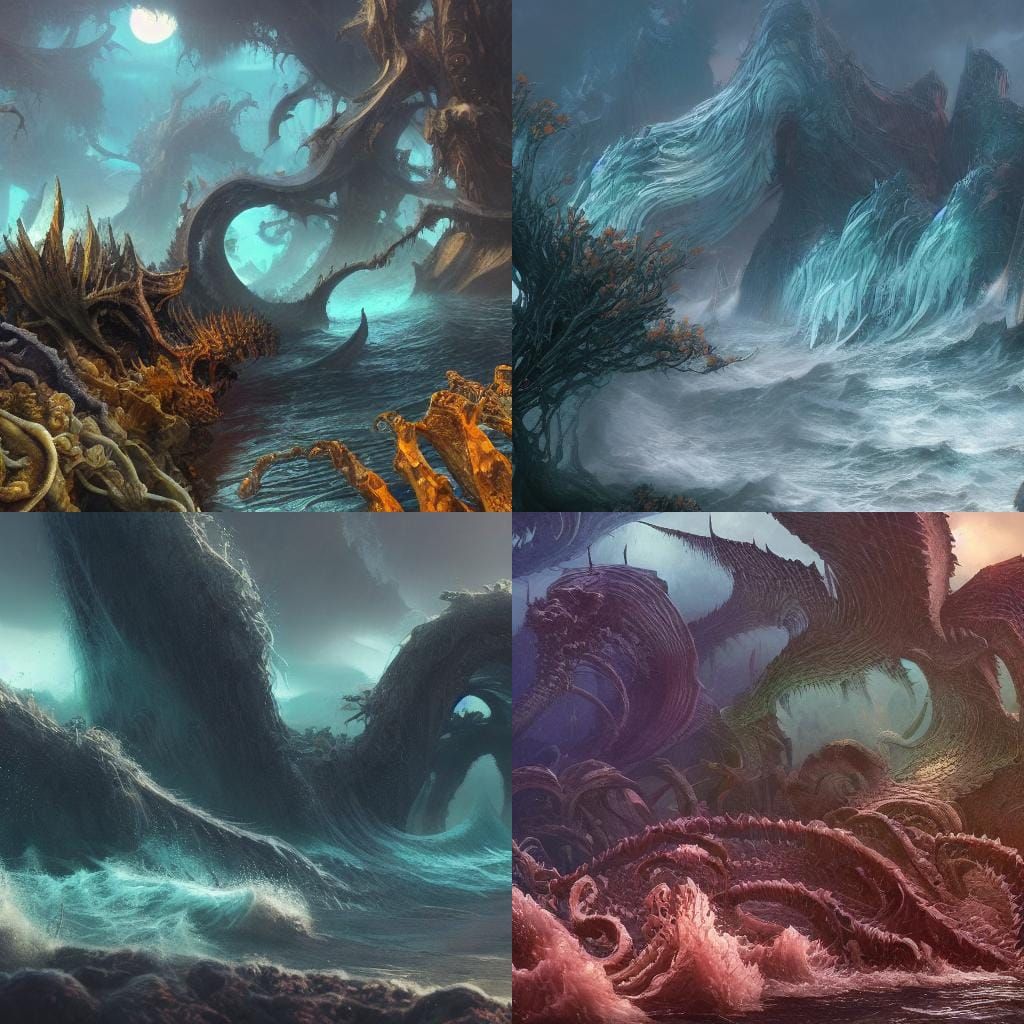 waves with a bunch of random bones and scary living creatures - AI ...