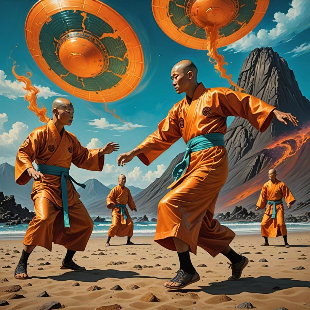 Surreal Oil Painting of Shaolin Aliens Playing Fri... - AI Art