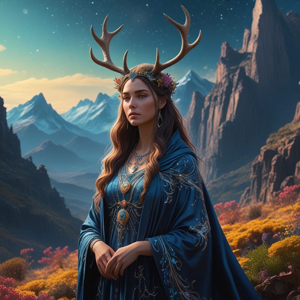 Deer druid - Goddess of the Cosmos Rides an Ethereal Stag