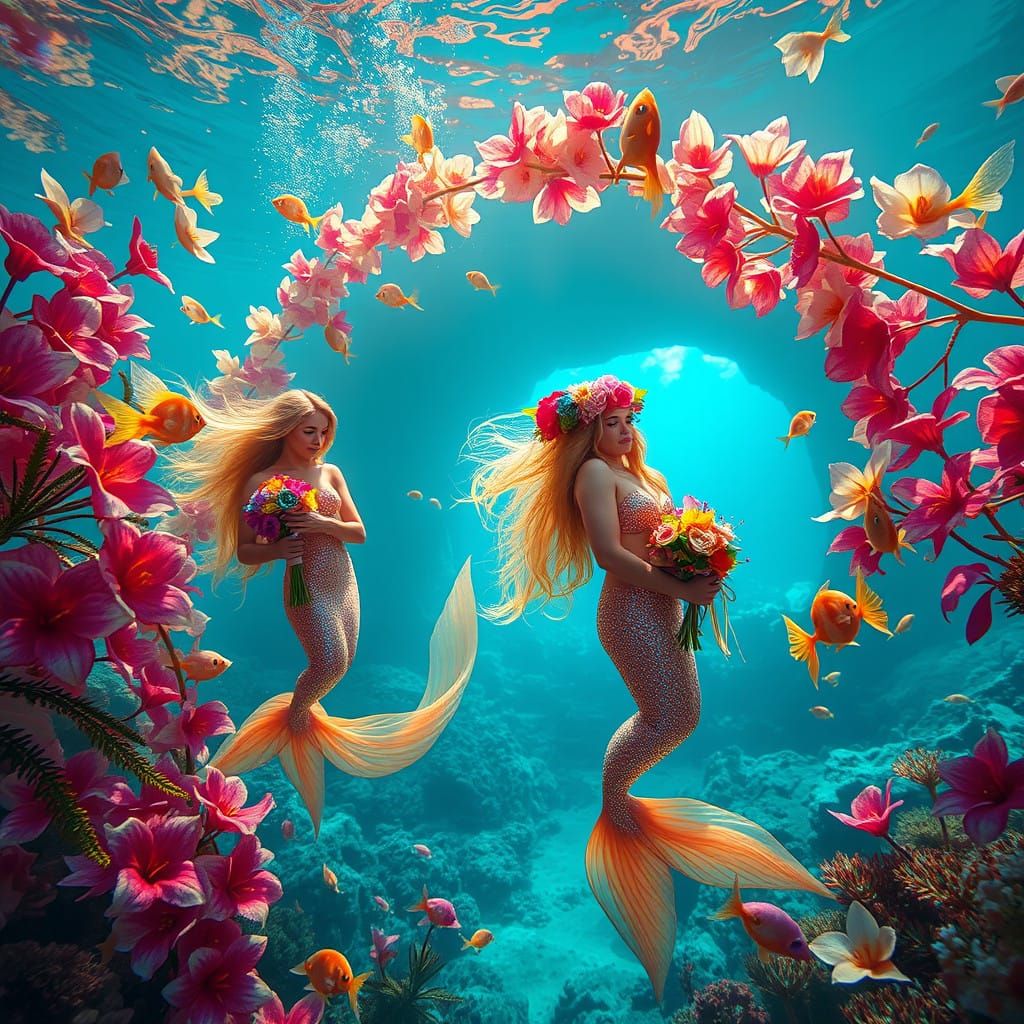 Surreal Mermaids in Vibrant Underwater Bloom Parad... - AI Art