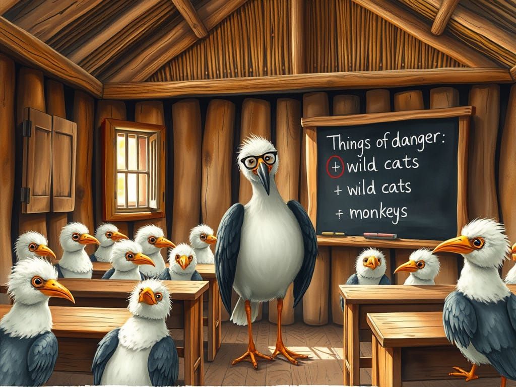 Rustic Straw Cabin Classroom with Dodo Bird Pupils... - AI Art
