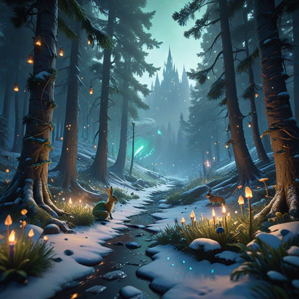 Fairytale world in a clearing of snowy fir trees.