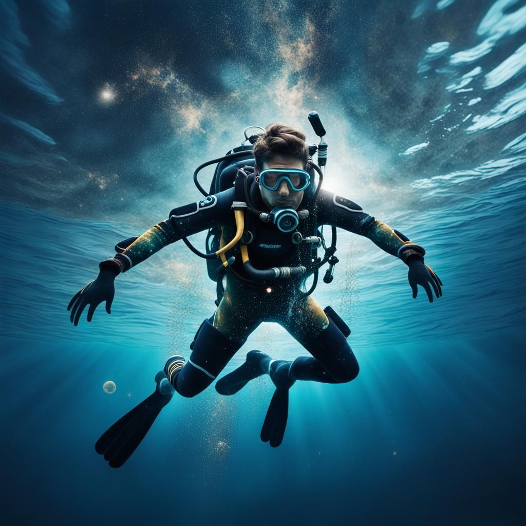 Stunning double exposure image of a scuba diver floating in space with ...