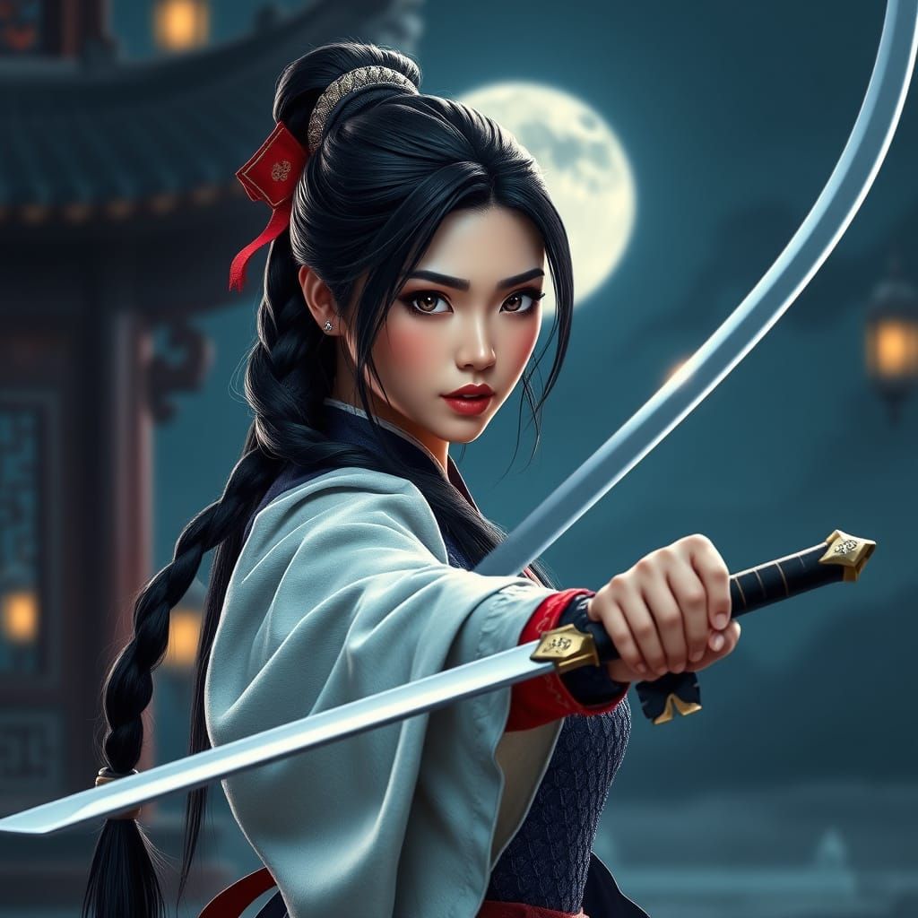 "A Hyper realistic stunning Mulan princess stands poised for battle ...