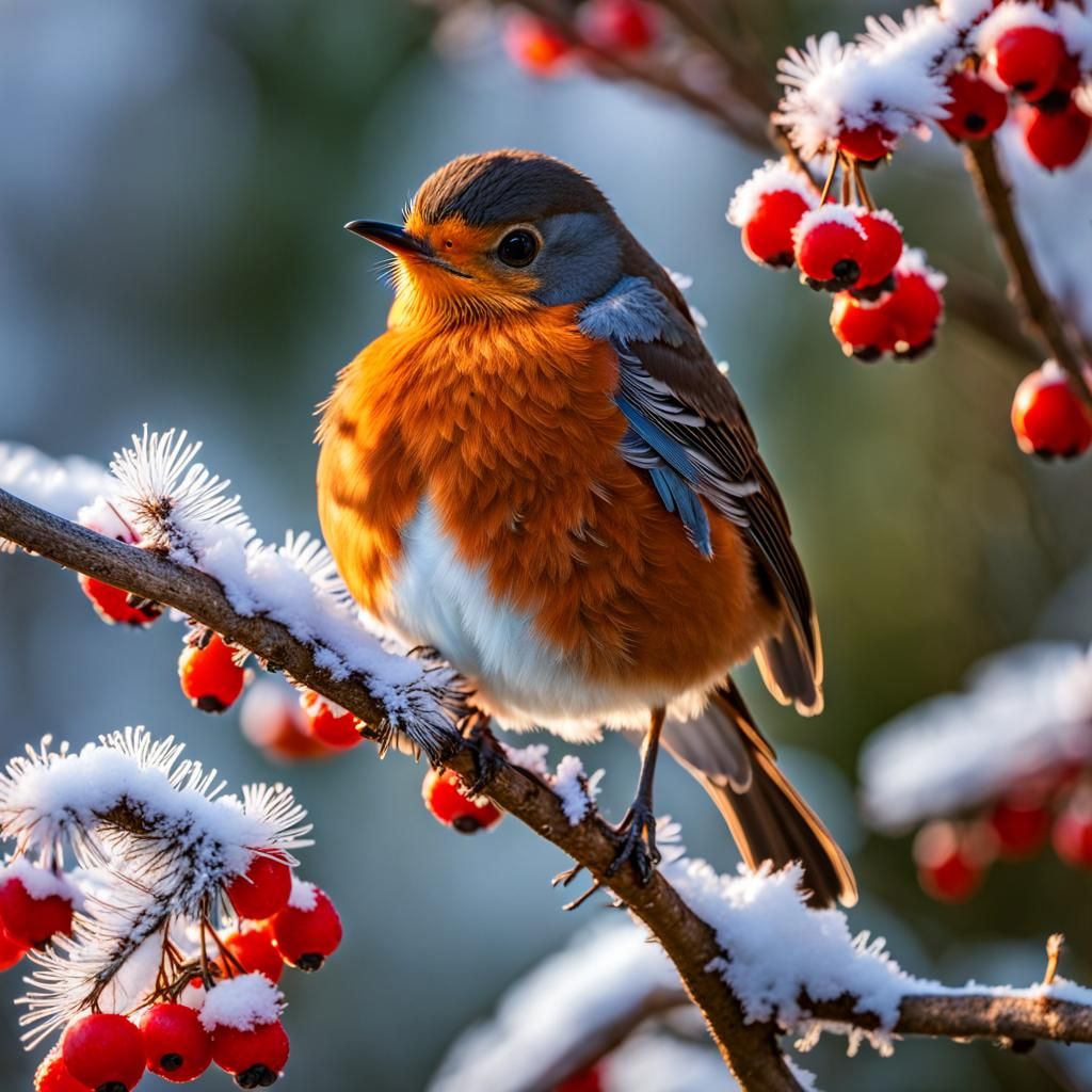 A red-breasted robin, with big round eyes, fluffy down feathers, {cute, adorable: 1.5}, kawaii ...
