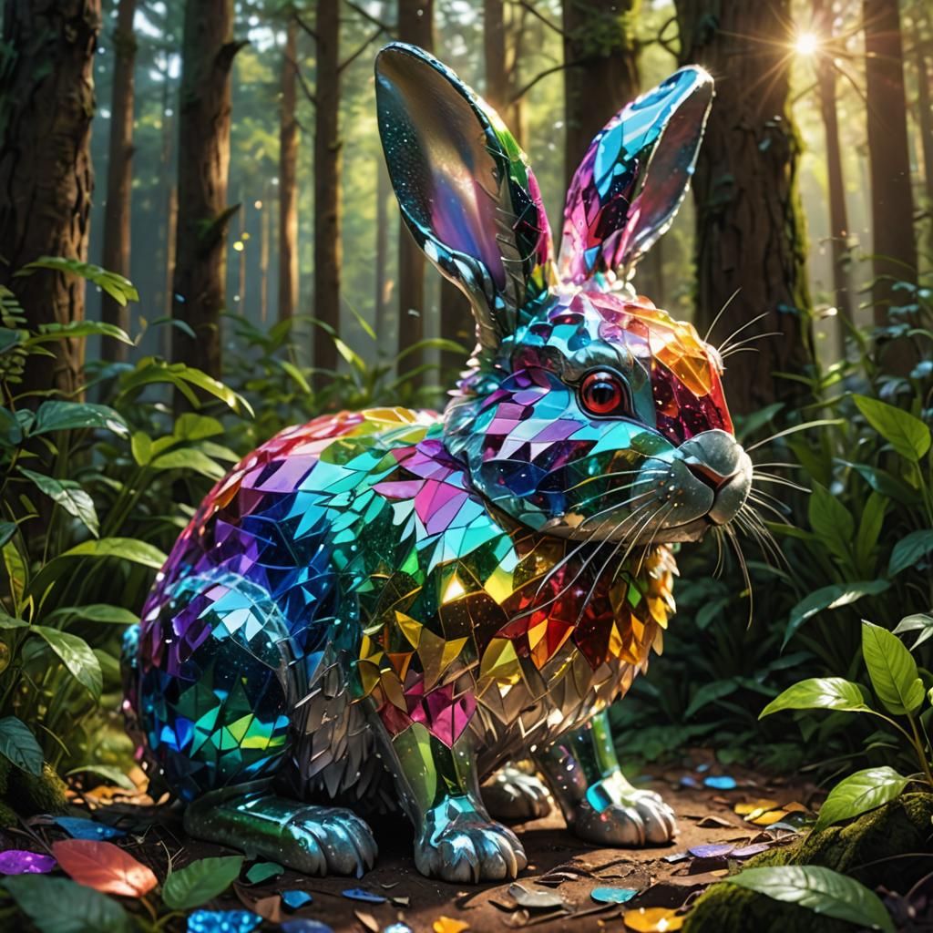 Sparkle crystal rainbow rabbit, realistic, in a forest - AI Generated ...