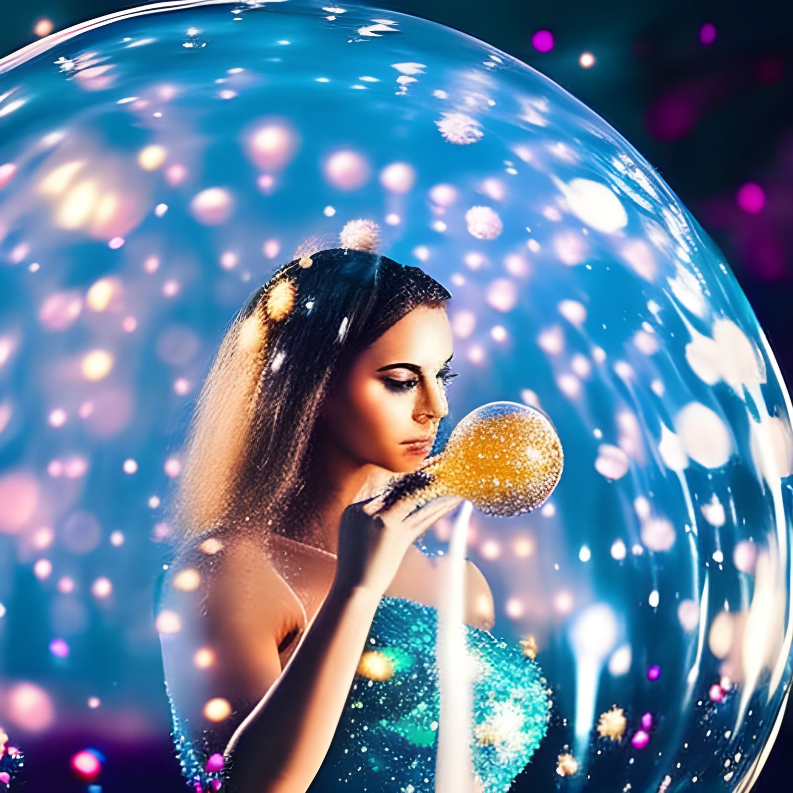 Portrait of a stunning woman touching a giant floating bubble that ...