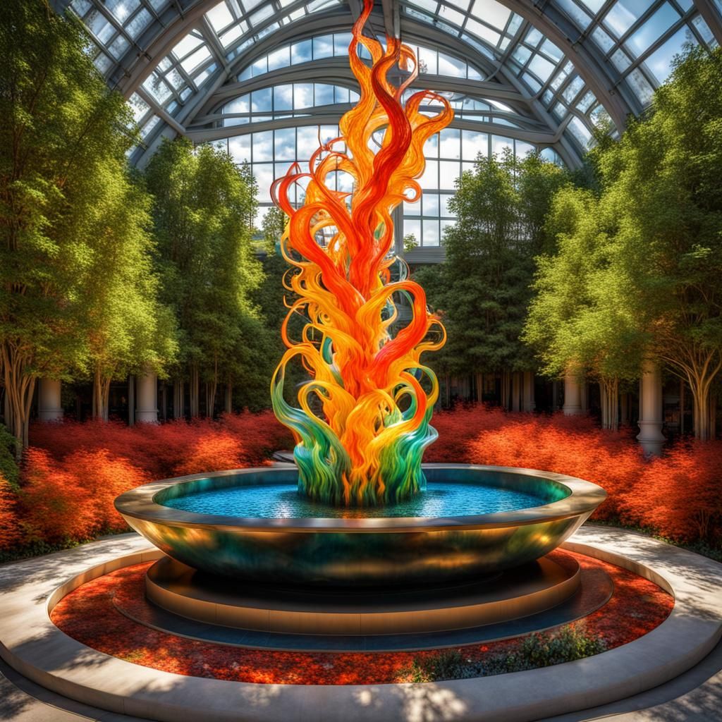 A 3D fountain made of Chihuly glass flames, with {real flames:1.5 ...