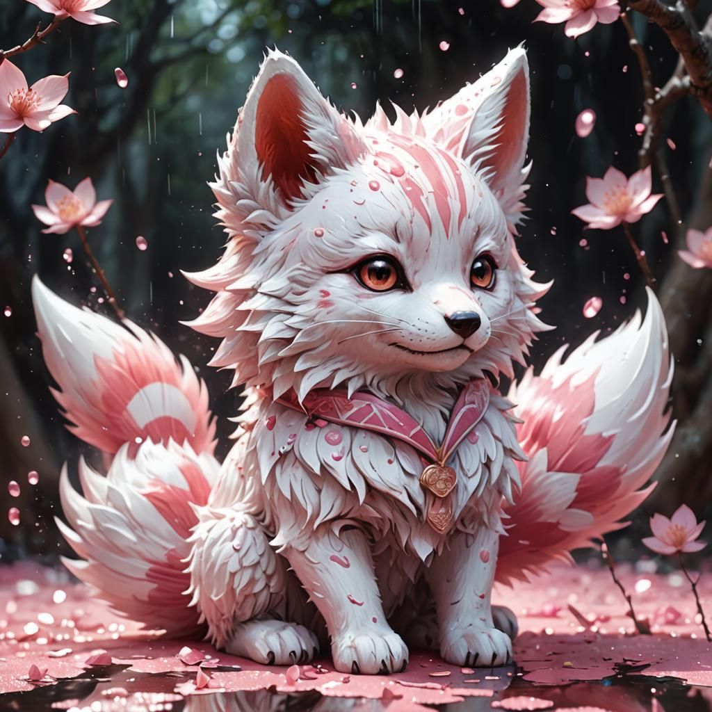 mystical adorable cute baby fluffy pink kitsune with pink stripes ...