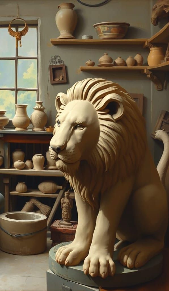 A potter's studio with a large clay sculpture of a lion