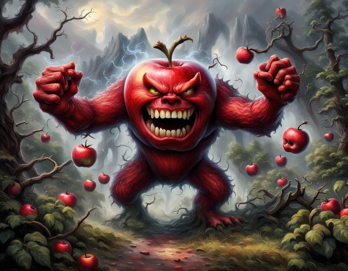 Evil, very angry red humanuid apple with wild teeth, fidgeting wildly with its arms. Photo ...