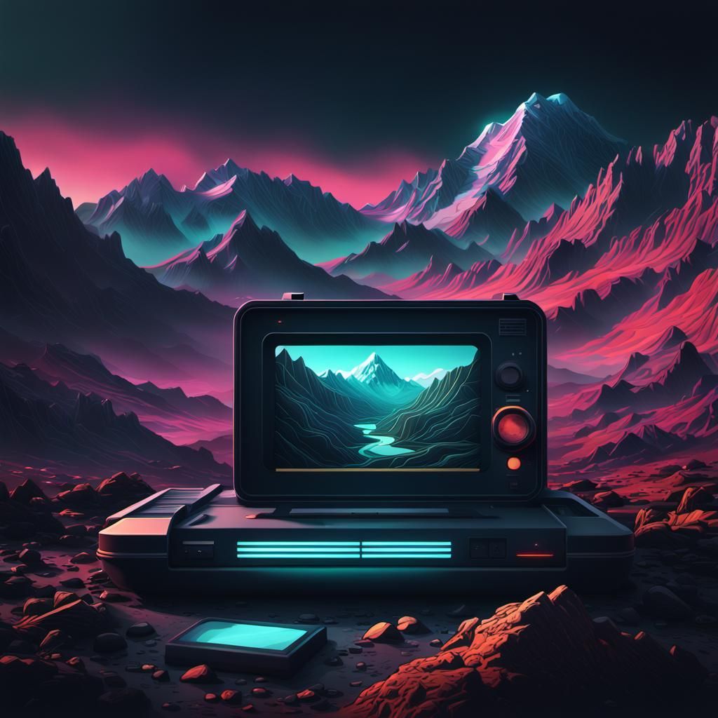 Retrowave landscape with inception computer