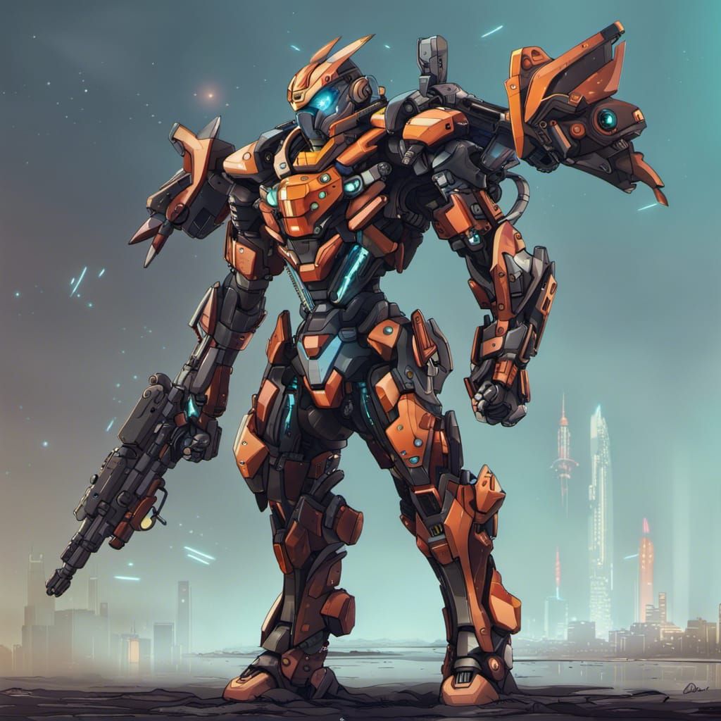 2d mecha style, male character, side view, wearing futuristic armor and ...