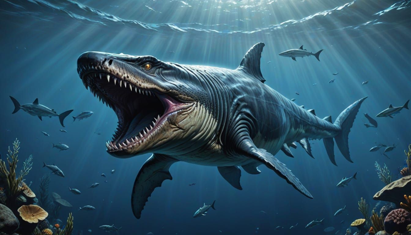 gigantic mosasaur at the bottom of a blue ocean hunting a gigantic ...