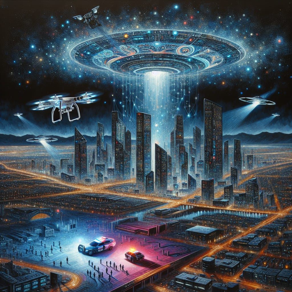 Space ship hologram projected onto a crime-ridden futuristic cityscape.