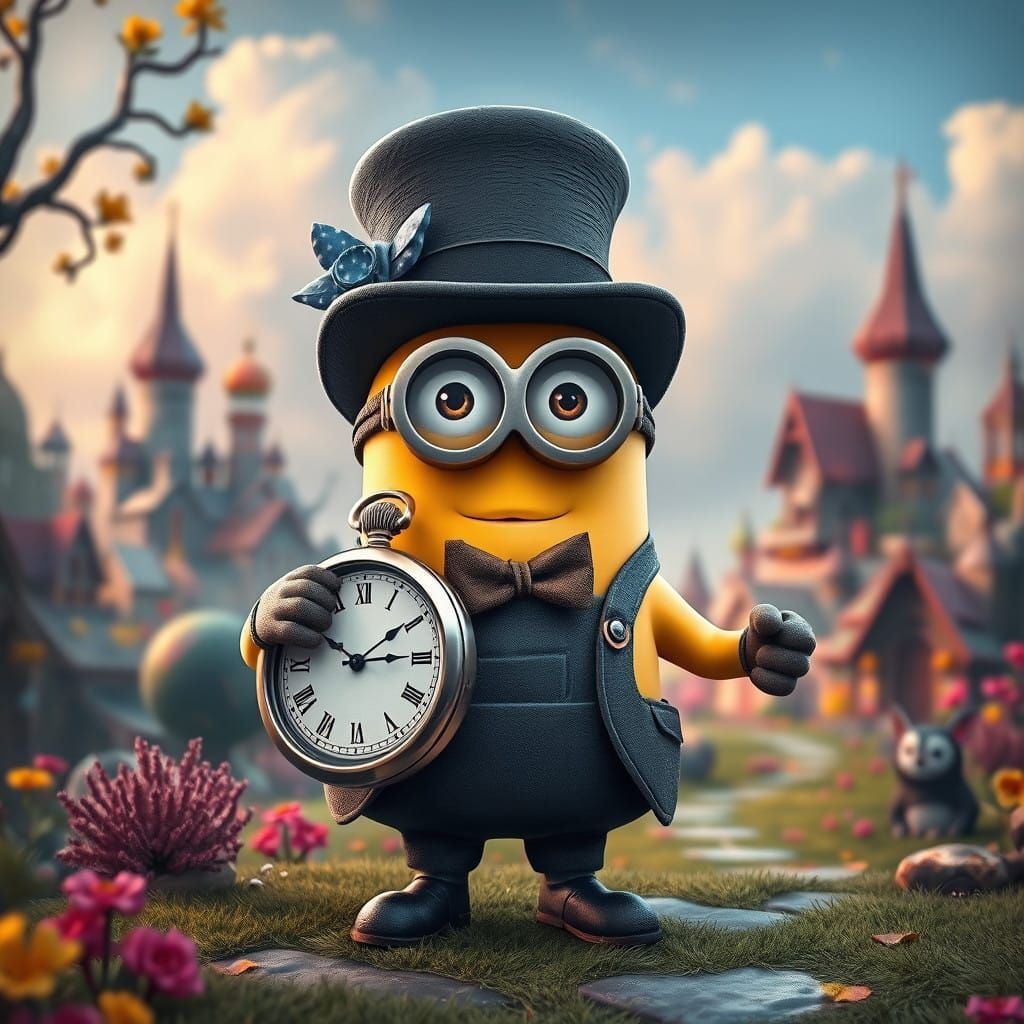 A minion, dressed up as the white rabbit from Alice in Wonderland.