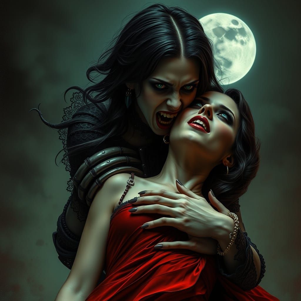 Gothic Vampire Bites Young Woman in Dark, Mystical... - AI Art