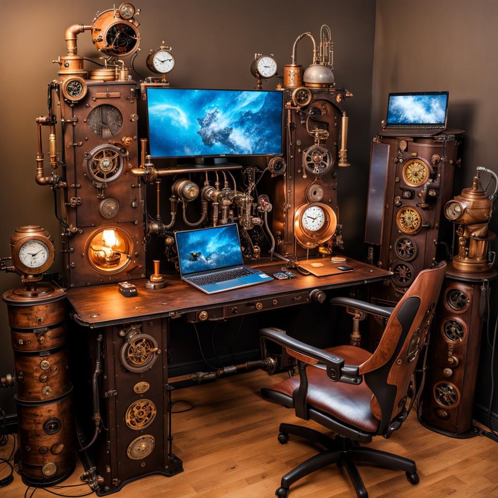 Extravagant whimsical steampunk Maximal PC gaming set up - AI Generated ...