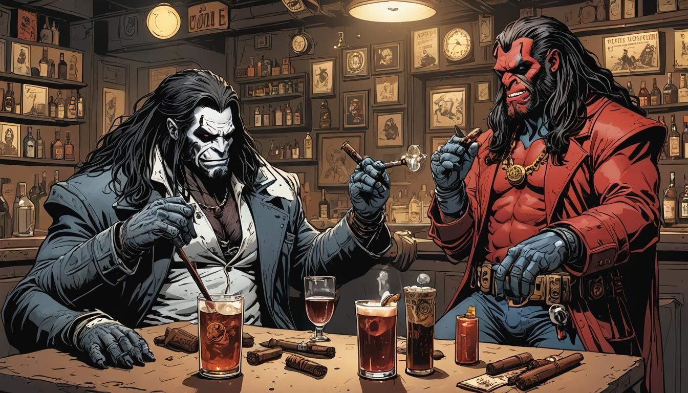 Lobo and Hellboy enjoying a drink and cigars at a space bar - AI ...