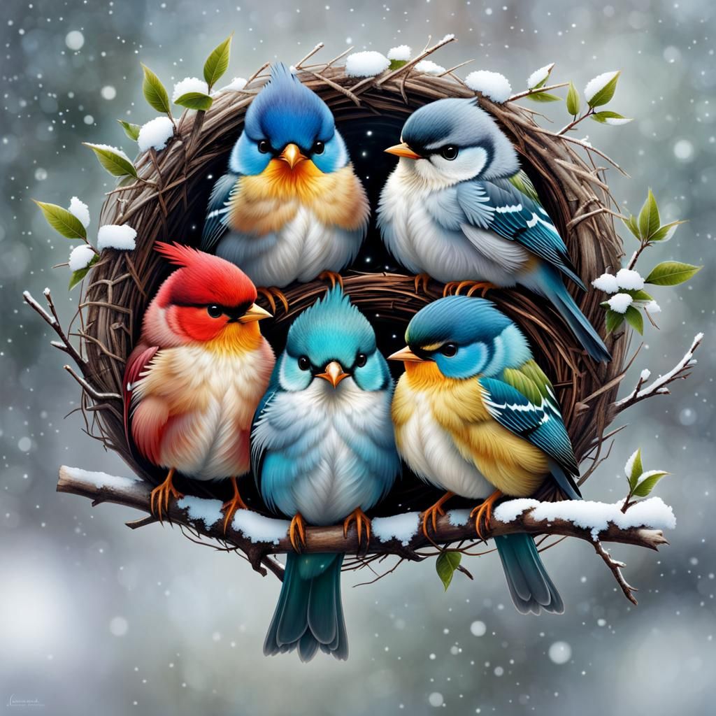cute Birds huddle in a nest - AI Generated Artwork - NightCafe Creator