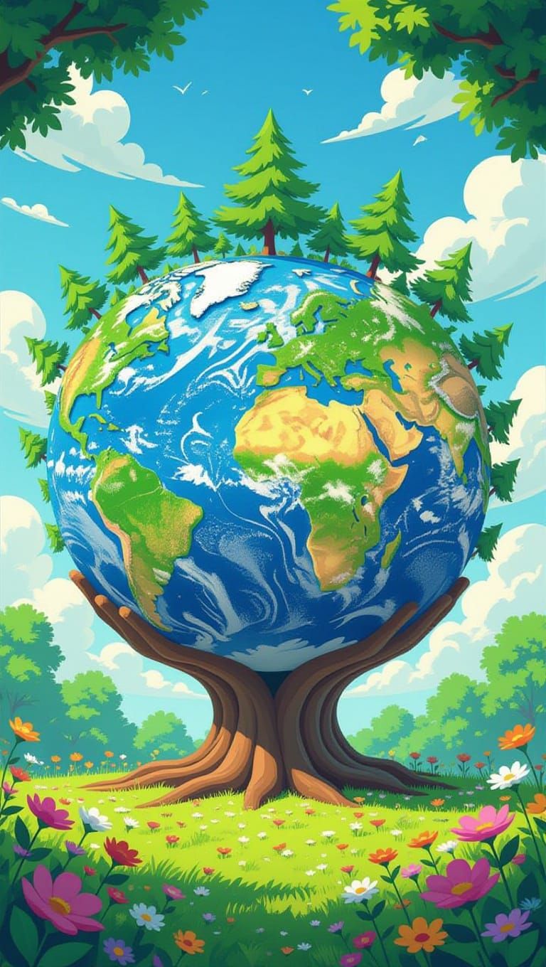 Vibrant Earth Day Scene in Whimsical Style - AI Art