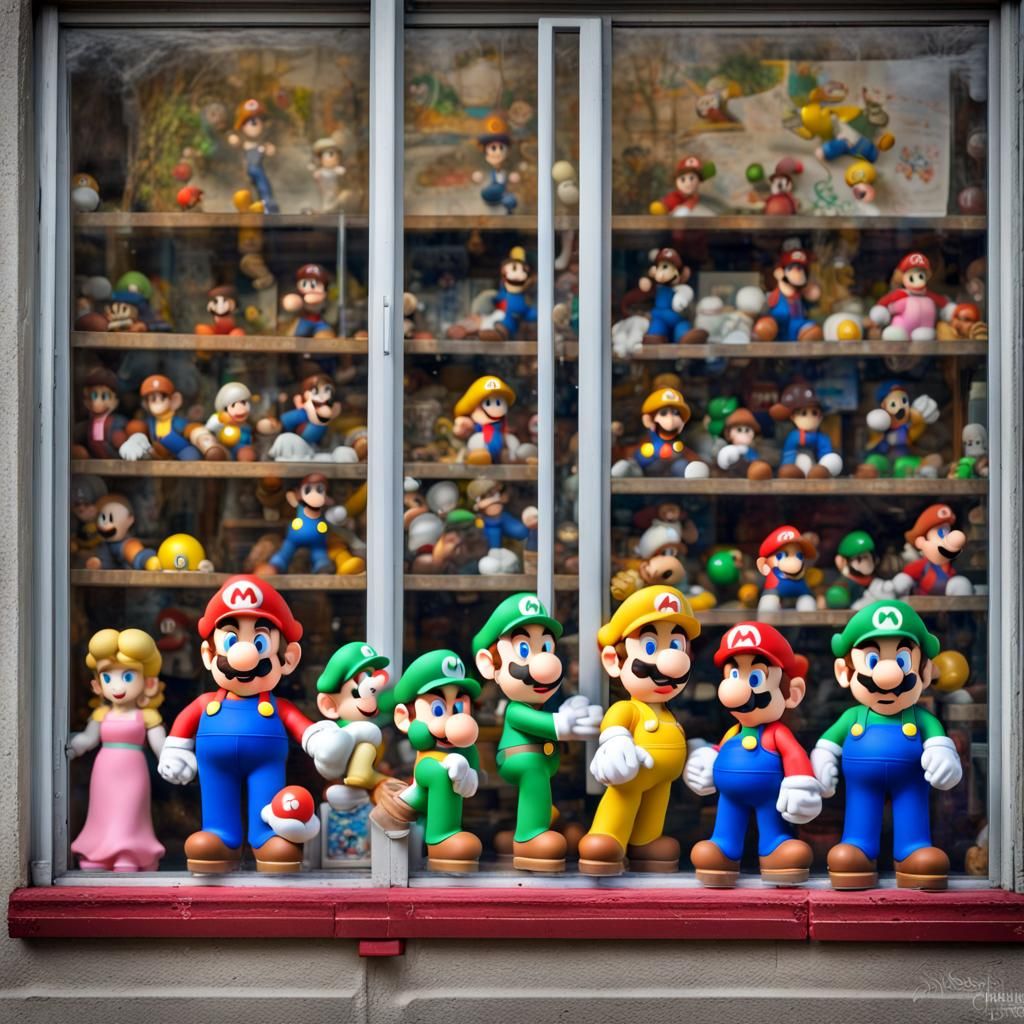 A toy shop window displaying Super Mario Bros. items, vibrant colors ...