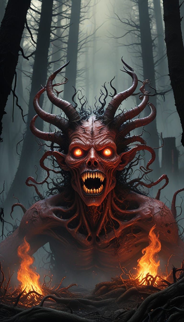 Hellish Form Shifting in a Burning Fire Forest - AI Art