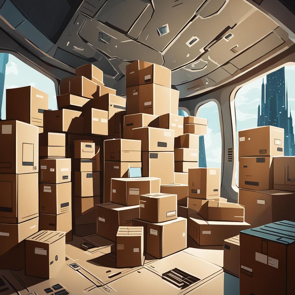 A room with a tower of moving boxes within a futuristic starship, science fiction concept art ...