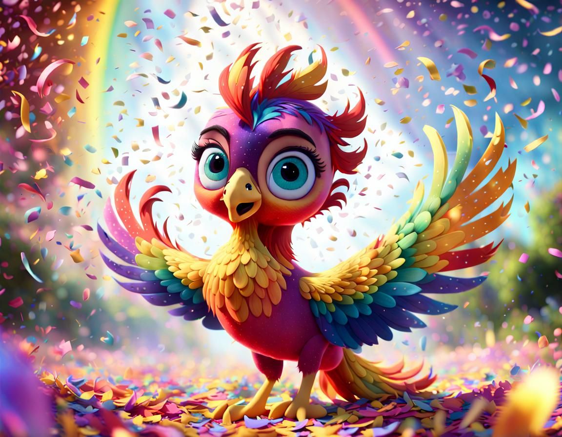 Disney Pixar colourful rainbow phoenix trailing a tail of confetti, big ...