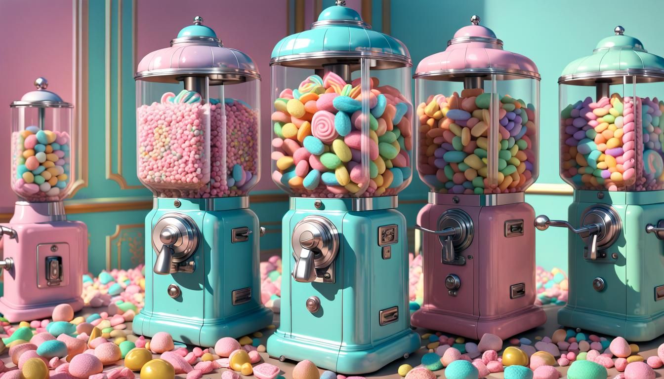 baroque candy machine, sweets of different vintage pastel colors ...