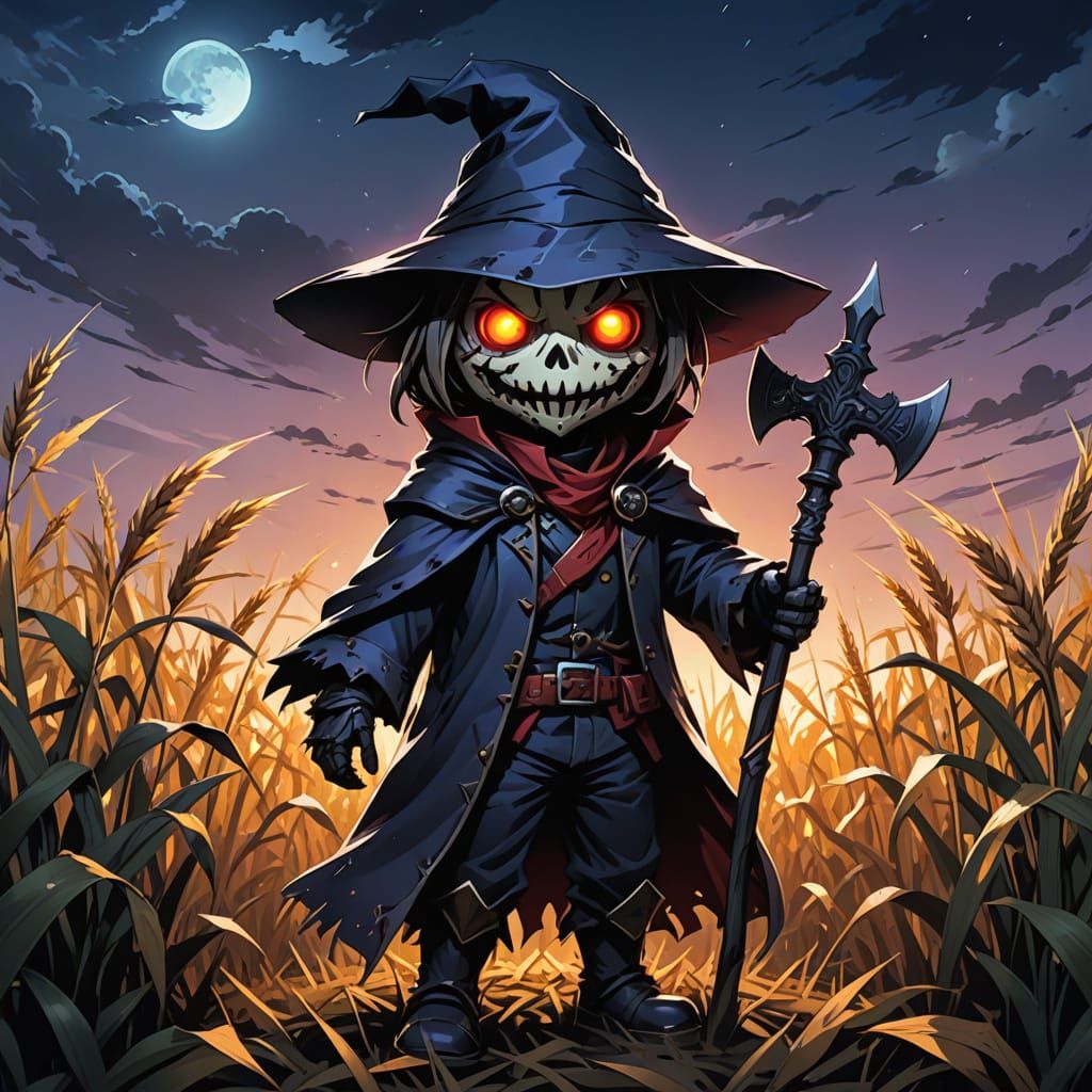 Eerie Demon Scarecrow in a Dark Cornfield, Chibi A... - AI Art