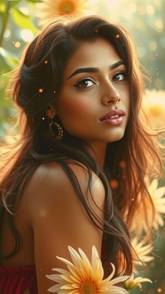 A gorgeous Indian woman with olive skin and long, dark brown, windswept ...