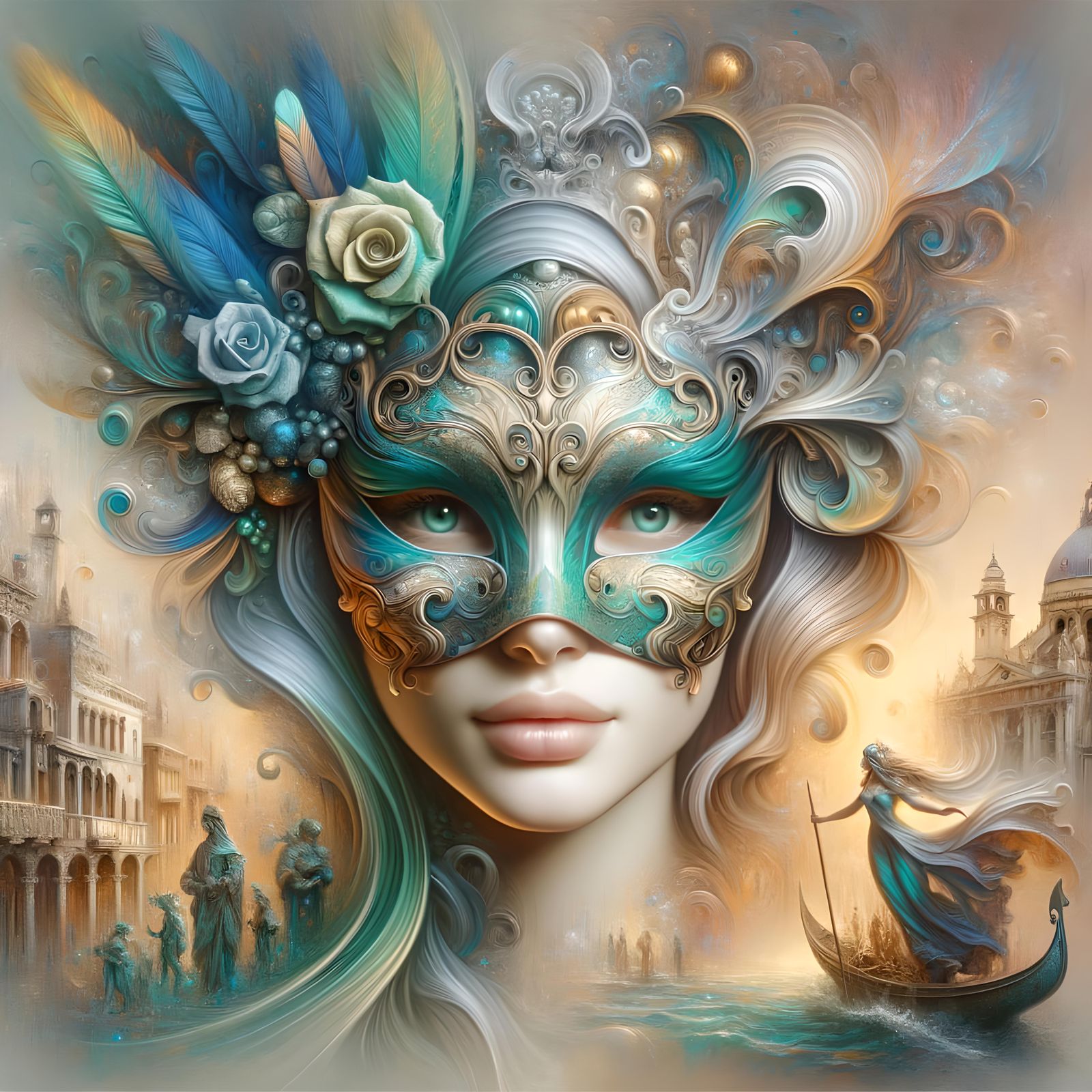 a woman wearing an elaborate mask around her face, in the style of vray ...